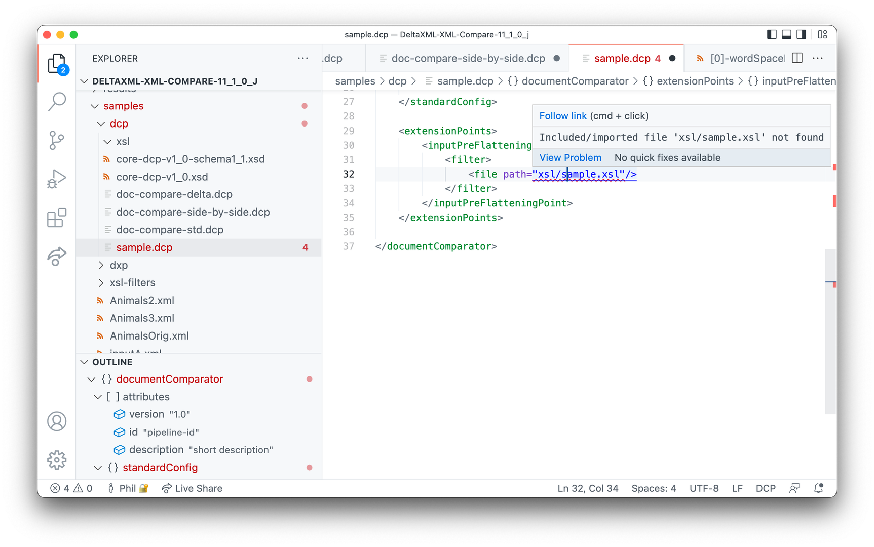 Editing advanced XML document comparison pipeline configurations