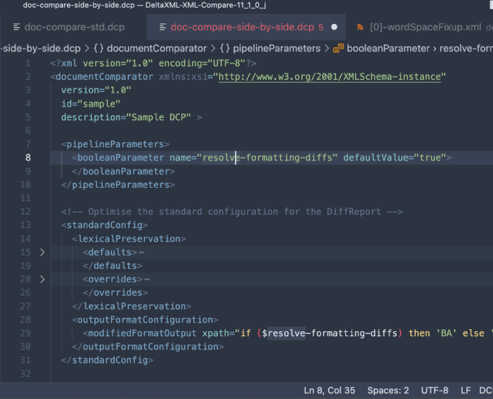 Editing advanced XML document comparison pipeline configurations